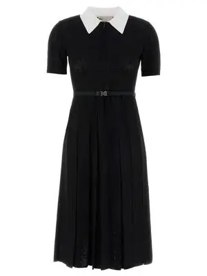 TORY BURCH TORY BURCH T Monogram Pointelle Knit Pleated Midi Dress With Belt
