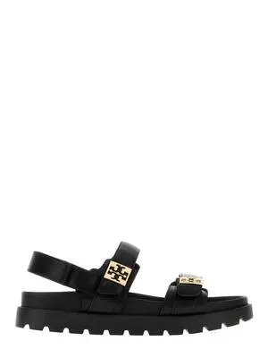 TORY BURCH Tory Burch Black Leather Mellow Sandals With Gold Tone Buckles