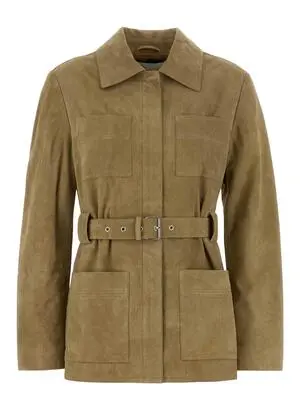Tory Burch Ovine Leather Suede Belted Jacket - Green