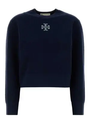 Tory Burch Tory Burch Wool-Blend Knit Sweater With Logo Applique Blue