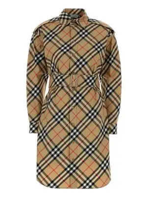 Burberry Embroidered Cotton Shirt Dress With Classic Collar And Checks - Checked