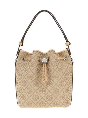 Tory Burch Embroidered Canvas Bucket Handbag With Leather Trim, 18 Cm X 22 Cm X 10 Cm - Printed