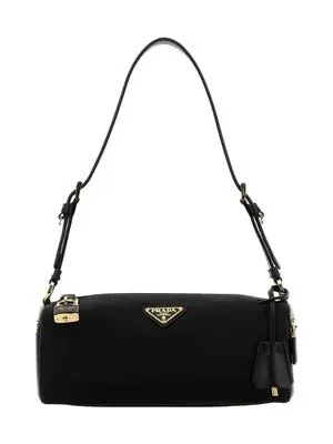 Prada 28 Cm Nylon Shoulder Crossbody Handbag With Golden Metal Hardware And 30-35 Cm Handle - Black