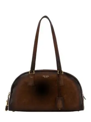 Prada Prada Suede Medium Bowling Shoulder Handbag With Golden Hardware Brown