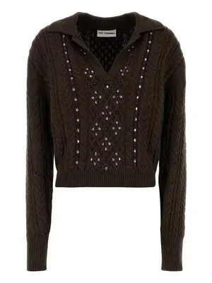 DES_PHEMMES Ribbed Knit Sweater With Embellished V-neck - Brown