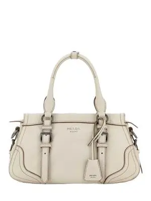 Prada Large Deer Leather Handbag With Top Handle And Shoulder Strap - White