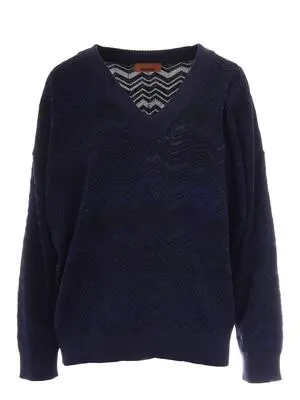 Missoni Zigzag Knit V-neck Sweater - Solid Navy Blue