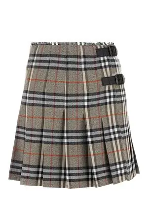 Burberry Checked Pleated Mini Skirt With Buckle Detail - Stripped