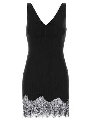 Andamane Black Pinstripe Lace Trim Mini Dress - Stripped