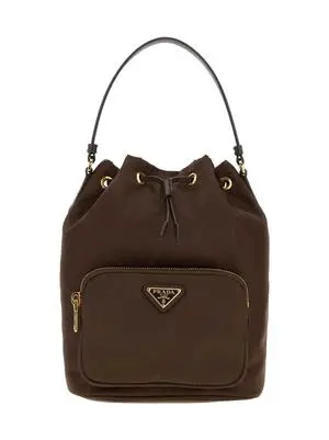 Prada Practical Re-nylon Duet Bucket Handbag With Golden Metal Finish - Brown