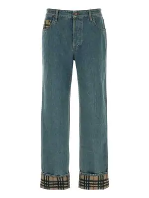 Burberry Cotton Denim Jeans With Check Detail - Light Blue