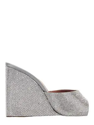 Amina Muaddi Lupita Embellished Satin Mini Wedge Flat Sandals - Silver