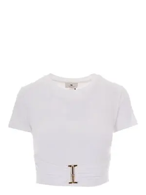 Elisabetta Franchi Short Sleeve T-shirt With Logo Buckle Detail - Gesso