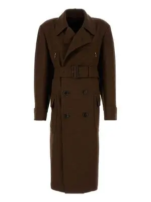 Prada Double Breasted Virgin Wool Trench Coat - Brown