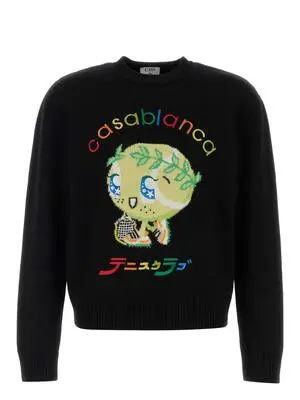 Casablanca Tennis Club" Crew Neck Pullover In Fine Knit Merino Wool - Black