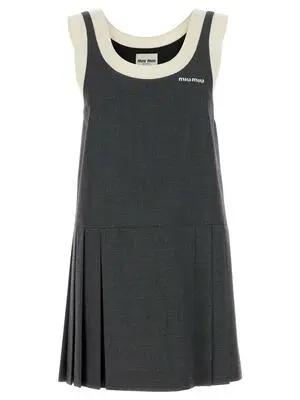 Miu Miu Virgin Wool Pleated Mini Dress - Grey