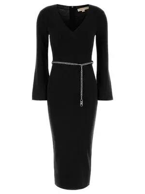 Michael Kors Ribbed Knit Sheath Dress With Chain Belt - Black