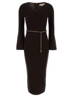 Michael Kors Ribbed Wool Blend Midi Dress With Chain Belt - Brown
