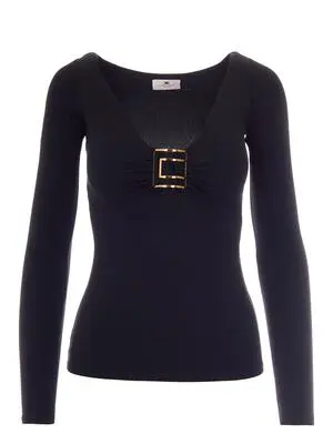Elisabetta Franchi Fitted Long Sleeve V-neck Top With Buckle Detail - Nero