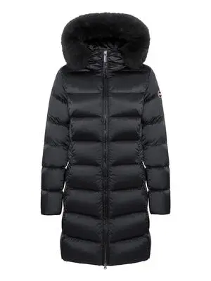 COLMAR Long Quilted Down Coat With Faux Fur Hood - Black