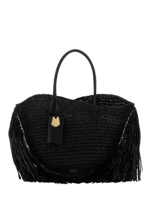 FERRAGAMO Raffia And Leather Shopping Handbag With Fringe - Black