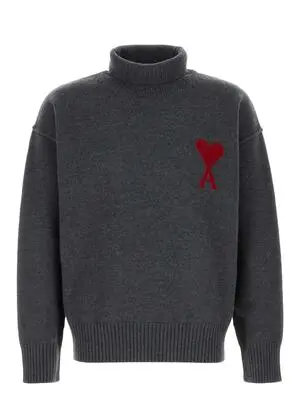 AMI Paris Virgin Wool High Neck Sweater With Embroidered Logo - Grey