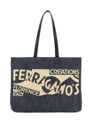 FERRAGAMO FERRAGAMO Large Denim Tote Bag With TT Sign Logo Blue