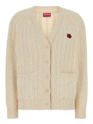 KENZO KENZO Cotton-Wool Blend Cable Knit Cardigan With Rose Appliqué