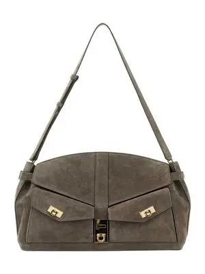 FERRAGAMO Suede Shoulder Handbag With Golden Metal Finishing - Grey