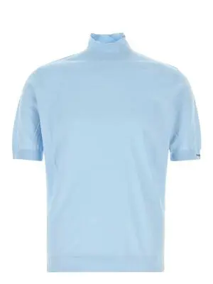 Prada Cotton Knit High Neck Short Sleeve Sweater - Light Blue