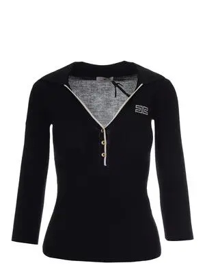 Elisabetta Franchi Long Sleeve Ribbed Knit Polo Top - Nero/burro