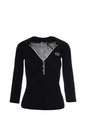 Elisabetta Franchi Long Sleeve Ribbed Knit Polo Top - Nero/burro