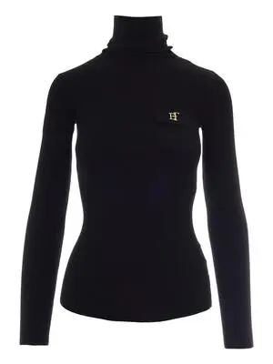 Elisabetta Franchi Ribbed Turtleneck Sweater With Logo Pocket Detail - Nero