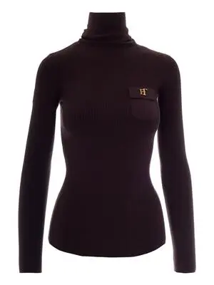 Elisabetta Franchi ELISABETTA FRANCHI Ribbed Turtleneck Sweater With Metallic Logo Pocket Dark Chocolate