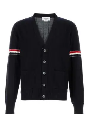 Thom Browne Virgin Wool Cardigan With Signature Stripes - Blue