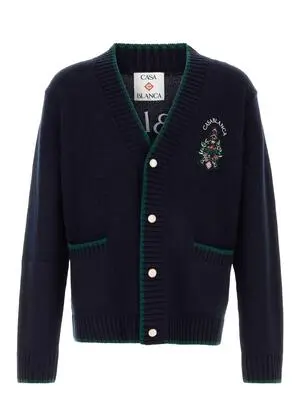 Casablanca Wool-cashmere Knit Cardigan With Emblem - Blue