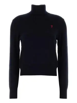 AMI Paris Merino Wool Turtleneck Sweater With Embroidered Logo - Blue