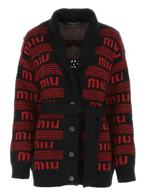 MIU MIU Miu Miu Black & Red Logo Embroidered Oversized Cashmere Cardigan