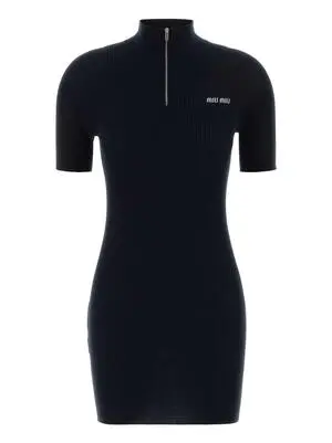 Miu Miu Ribbed Knit Zip-up Short Sleeve Dress - Blue