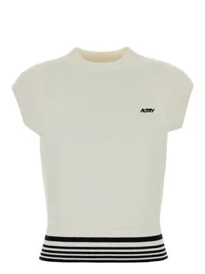 AUTRY Sleeveless Knit Vest With High Neck And Striped Hem - White