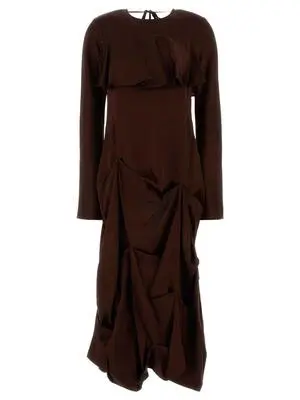 GANNI Long Sleeve Draped Midi Dress - Brown