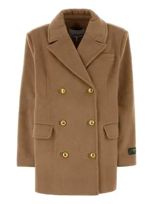 GANNI Double Breasted Wool Blend Blazer - Camel