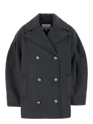 GANNI Double-breasted Wool Blend Jacket With Cashmere Touch - Grey