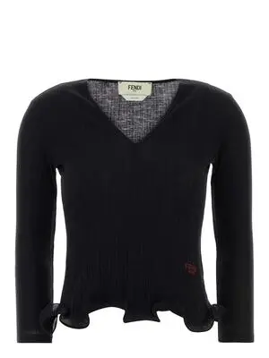 Fendi 100% Virgin Wool Ribbed Knit Top With Ruffled Hem - Black