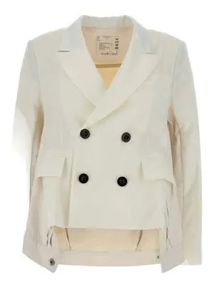 Sacai Twill And Denim Double-breasted Blazer - White