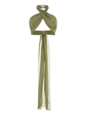 AMI Paris 100% Silk Twisted Halter Crop Top With Draped Scarves - Green