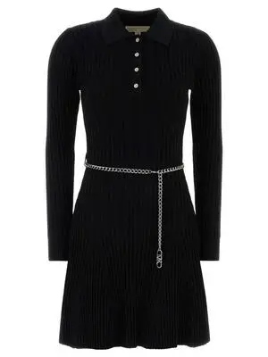 Michael Kors Ribbed Knit Polo Mini Dress With Chain Belt - Black