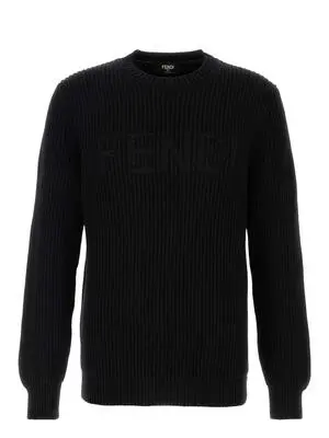 Fendi Ribbed Knit Sweater With Embossed Logo - Black