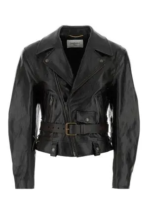 Saint Laurent Belted Leather Moto Jacket - Black