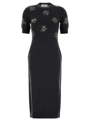 Fendi Charcoal Stretch Wool Mini Dress With Embellishments - Grey